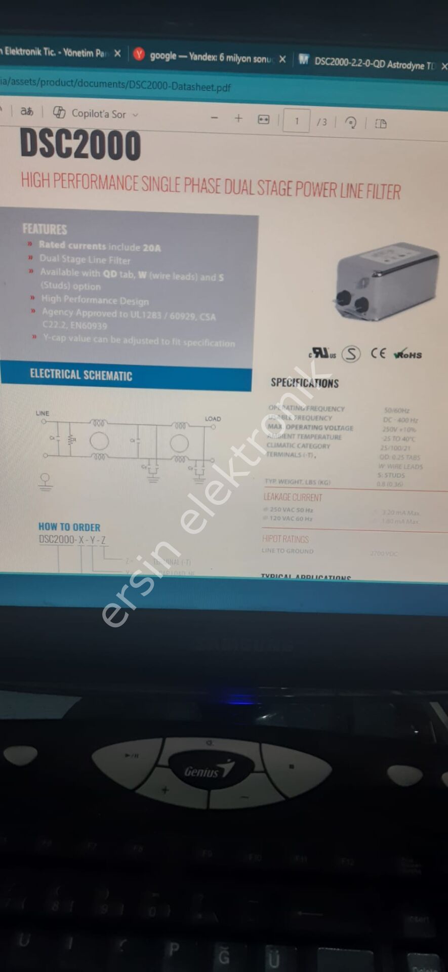 (20A) EMI FİLTER(A5420TR) DSC2000-2.2-0 -QD 20A 50/60Hz 250V AC Power ...